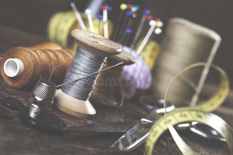 Sewing Instruments, Threads, Needles, Bobbins and Materials. Stock ...