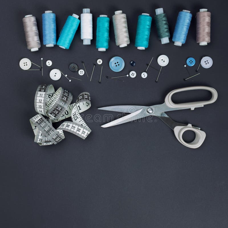 Sewing Items on a Black Background from Above Stock Image - Image of ...
