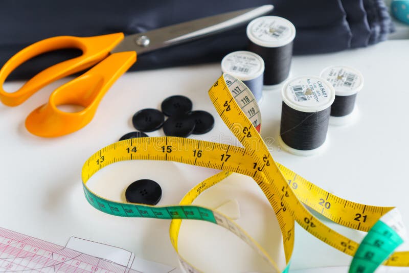Sewing Items and Seamstress Tools. Scissors, Measuring Tape, Threads ...
