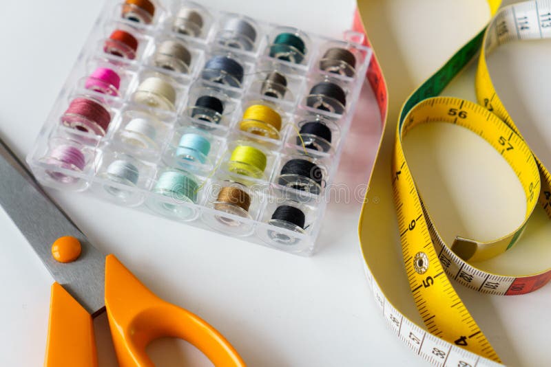 Sewing Items and Seamstress Tools. Tailoring Scissors, Measuring Tape ...