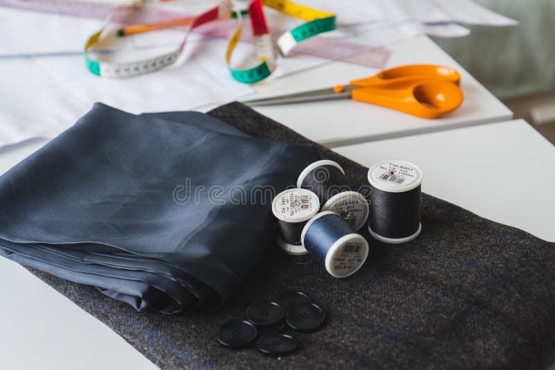 Sewing Items and Seamstress Tools. Tailoring Scissors, Measuring Tape ...
