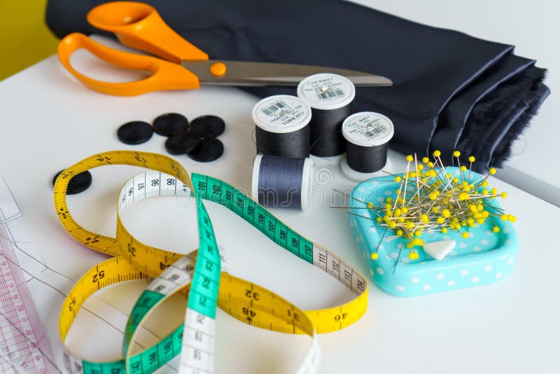 Sewing Items and Seamstress Tools. Scissors, Measuring Tape, Threads ...