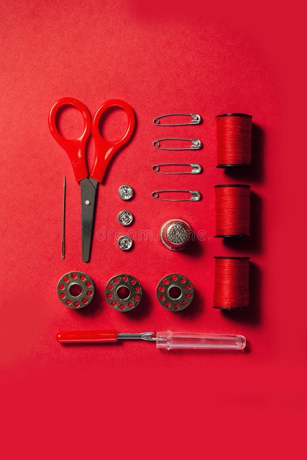 Sewing Kit Accessories and Tools for Needle Work in Red. Tape Measure ...