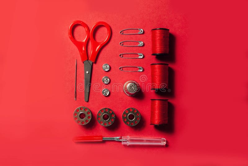 Sewing Kit Accessories and Tools for Needle Work in Red. Tape Measure ...