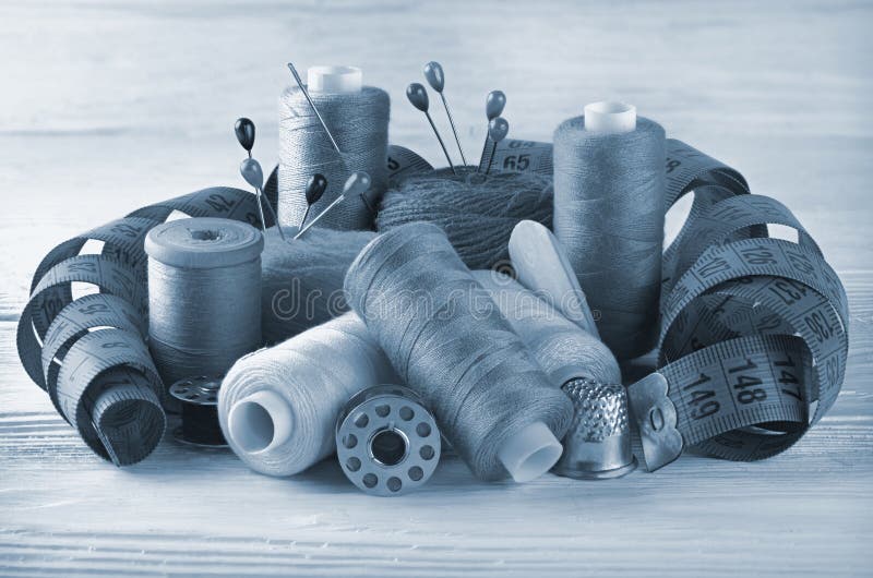 Sewing Kit, Bobbins with Thread, Thimble for Sewing Stock Photo - Image ...