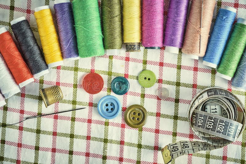 Sewing Kit of Needle, Thimble, Thread and Measuring Meter.on Gray ...