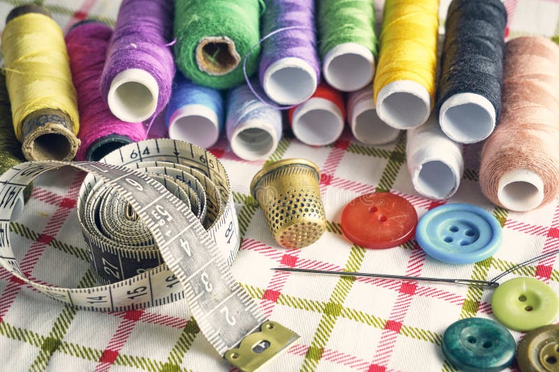 Sewing Kit Consisting Needle, Thimble, Threads and Measuring Meter on a ...