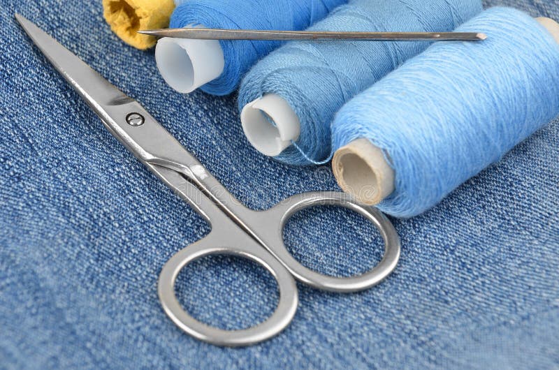 Sewing kit and jeans stock image. Image of fashion, craft - 68501291