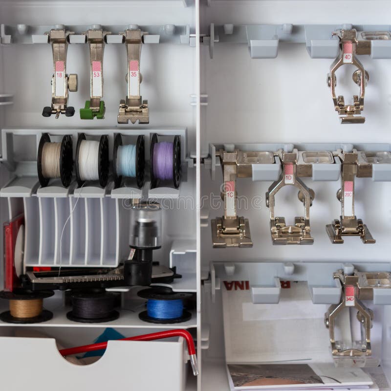 Sewing Kit of Needles, Spools of Thread and Sewing Machine Parts Stock ...