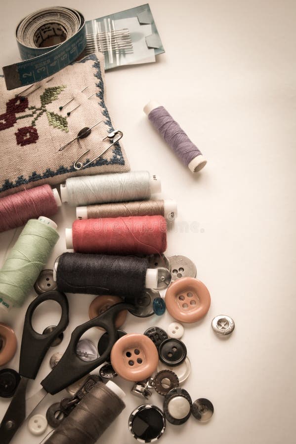Sewing Kit. Scissors, Thread, Needles and Button Stock Photo - Image of ...