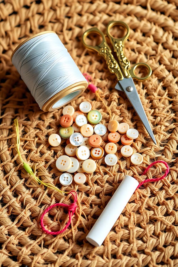 Sewing Kit with Thread, Buttons and Vintage Scissors Stock Illustration ...