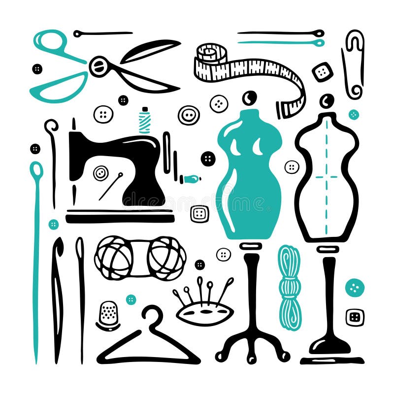 Tailor Tools Set. Black and White Logo. Hand Drawn Icons Collection ...