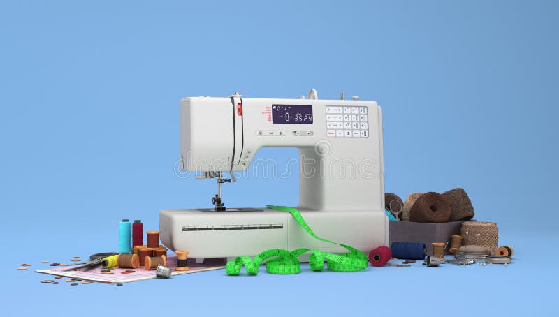 Sewing Machine and Accessories 3d Render on Blue Stock Illustration ...
