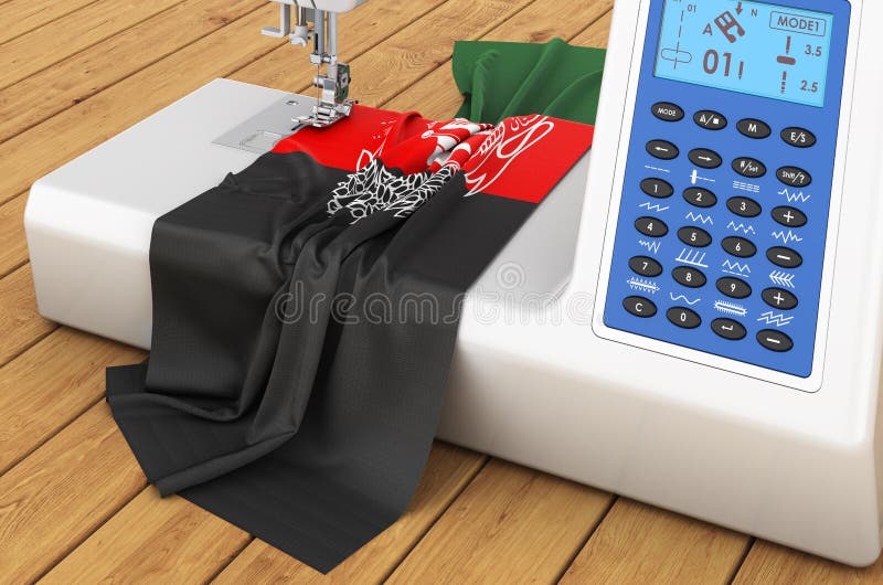 Sewing Machine with Afghan Flag on the Wooden Table. 3D Rendering Stock ...