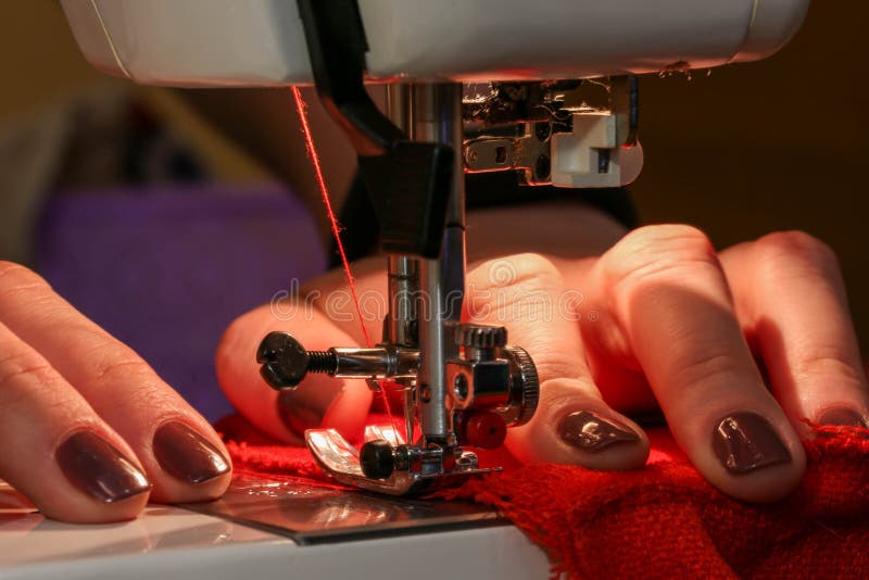 Sewing on Sewing Machine with Beautiful Female Hands Stock Image ...