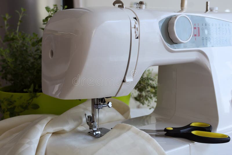 Sewing Machine and Big Scissors. Stock Photo - Image of craft ...