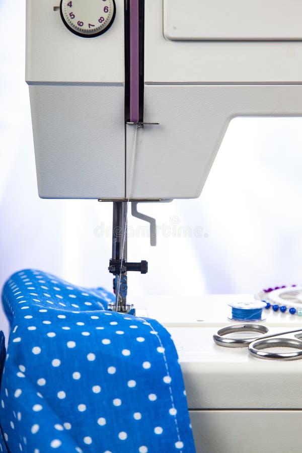 Sewing Machine and Blue Fabric Stock Image - Image of clothes, manual ...