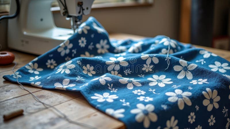 Sewing Machine with Blue Floral Fabric on Wooden Table in Sunlit Room ...