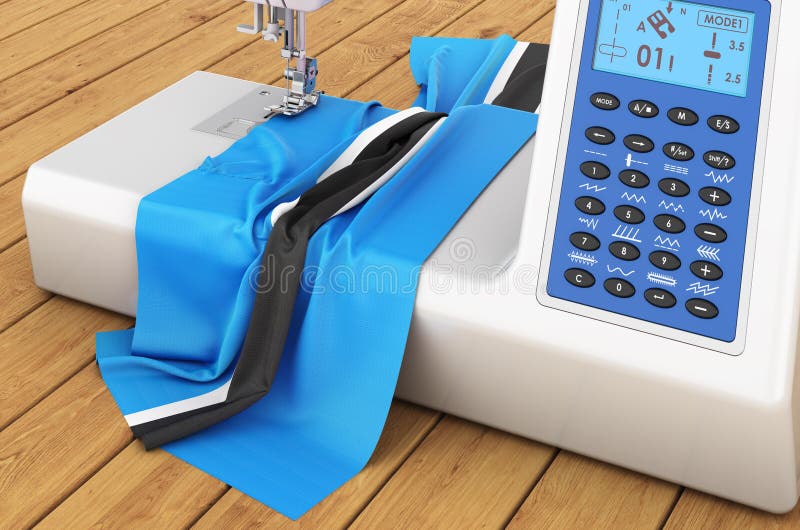 Sewing Machine with Botswanian Flag on the Wooden Table. 3D Rendering ...