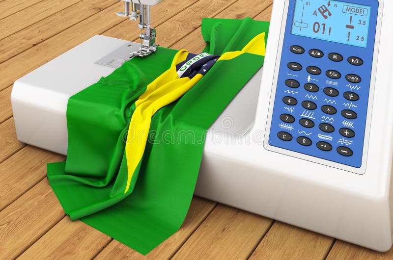 Sewing Machine with Brazilian Flag on the Wooden Table. 3D Rendering ...
