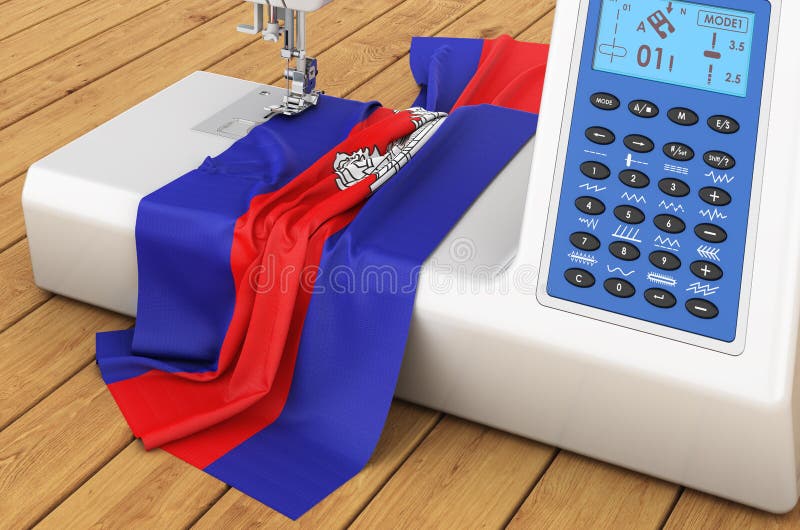 Sewing Machine with Cambodian Flag on the Wooden Table. 3D Rendering ...