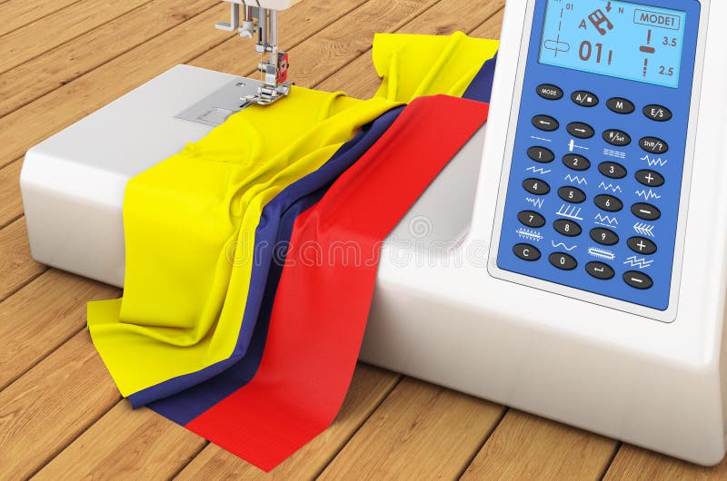 Sewing Machine with Colombian Flag on the Wooden Table. 3D Rendering ...