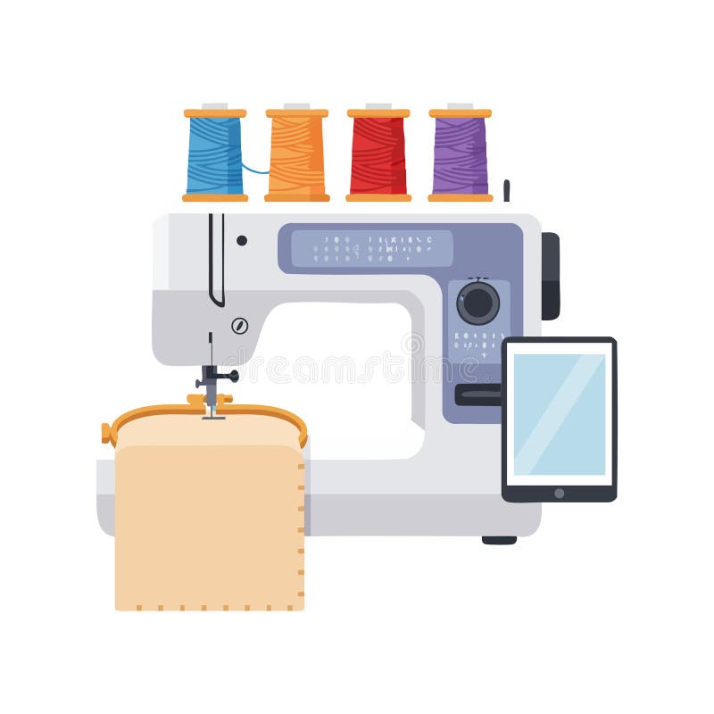 Sewing Machine with Colorful Spools of Thread and Digital Screen Vector ...