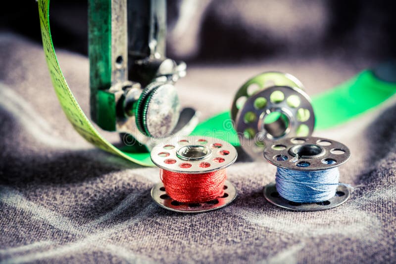 Sewing Machine and Colorful Threads on Clothes Stock Image - Image of ...