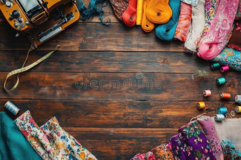 Sewing Machine, Colorful Threads, and Fabrics Arranged on Rustic Wooden ...