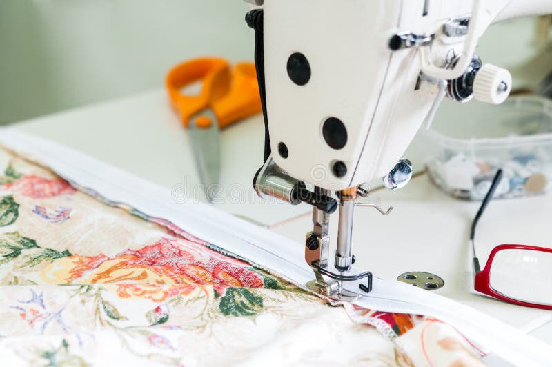 Sewing Machine And Fabric Closeup Stock Photo - Image of running ...