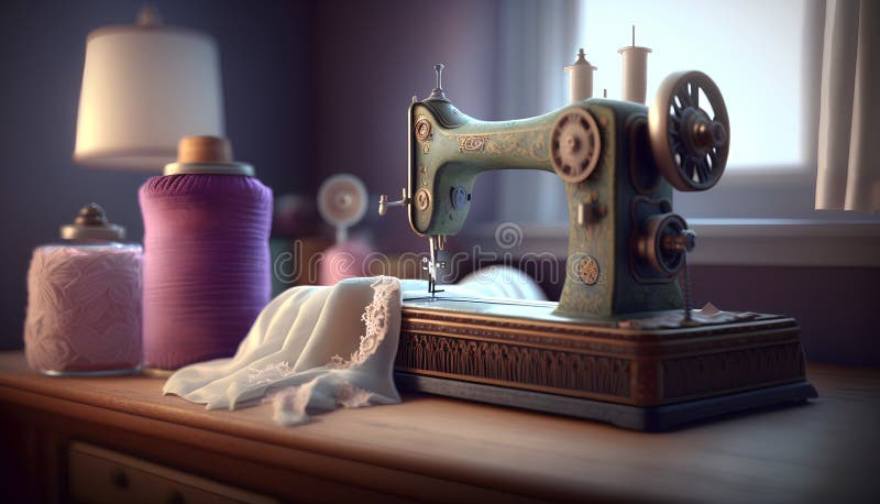 Sewing Machine and Fabric on the Table in the Room. Stock Illustration ...