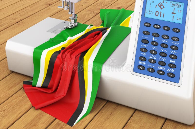 Sewing Machine with Guyanese Flag on the Wooden Table. 3D Rendering ...
