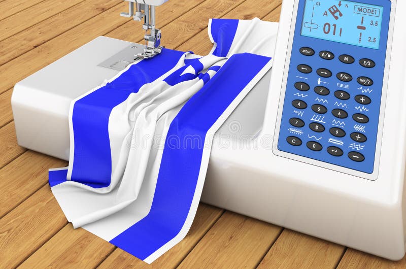 Sewing Machine with Israeli Flag on the Wooden Table. 3D Rendering ...