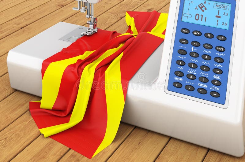Sewing Machine with Macedonian Flag on the Wooden Table. 3D Rendering ...