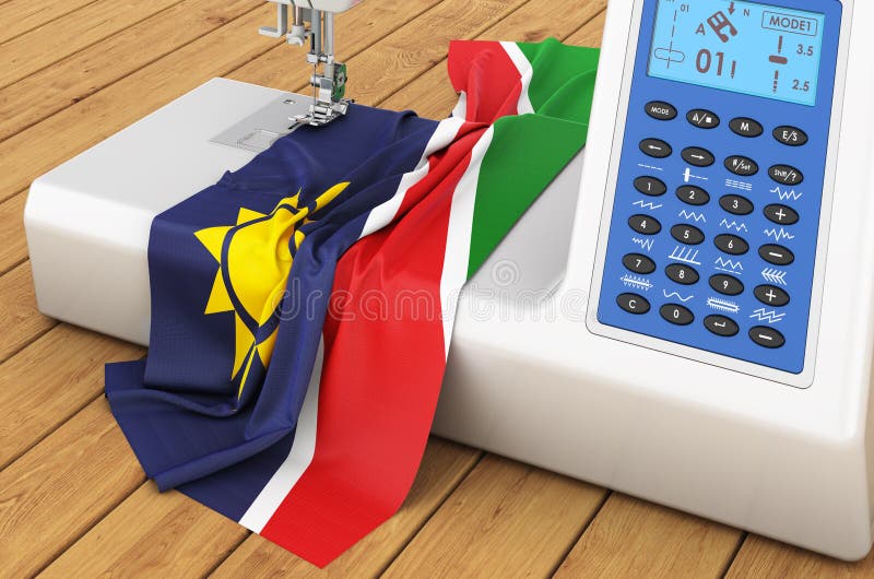 Sewing Machine with Namibian Flag on the Wooden Table. 3D Rendering ...