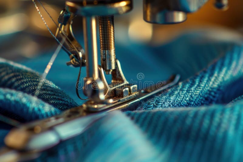 Sewing Machine Needle Pulling Thread through Blue Fabric Stock Photo ...
