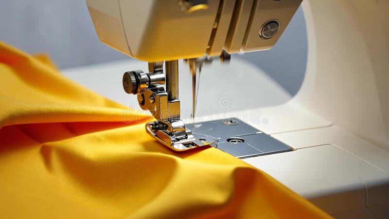 Sewing Machine Needle Stitching Vibrant Orange Fabric, Against a Softly ...
