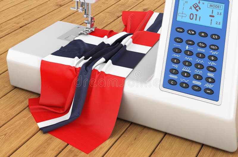Sewing Machine with Norwegian Flag on the Wooden Table. 3D Rendering ...