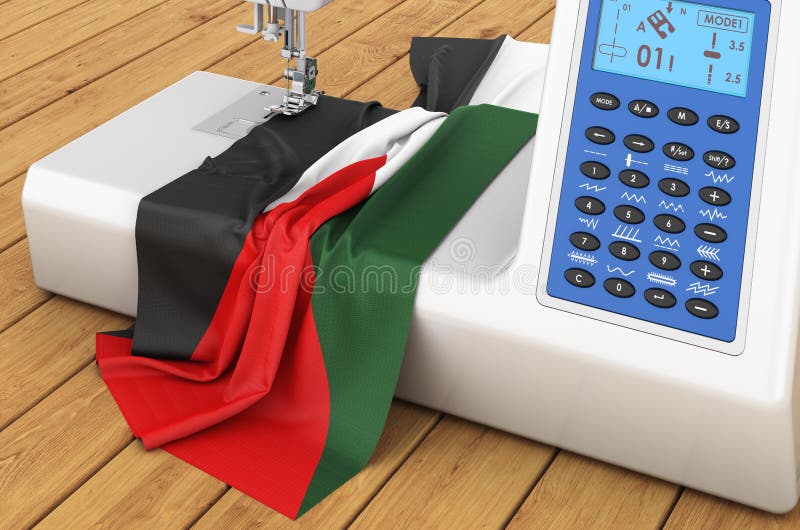 Sewing Machine with Palestinian Flag on the Wooden Table. 3D Rendering ...