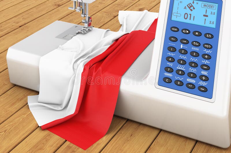 Sewing Machine with Polish Flag on the Wooden Table. 3D Rendering Stock ...