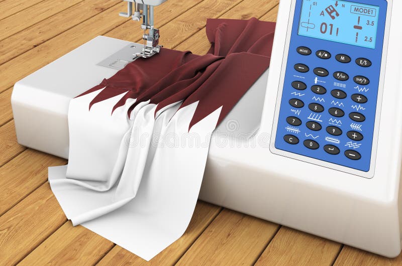 Sewing Machine with Qatari Flag on the Wooden Table. 3D Rendering Stock ...
