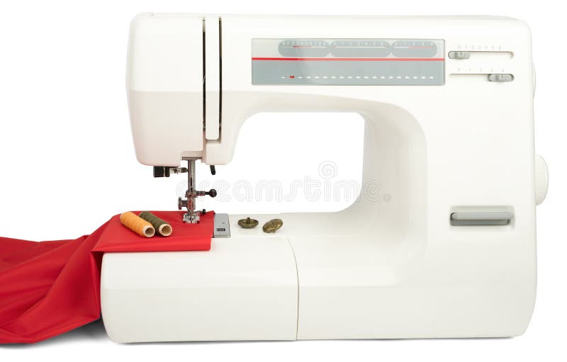 Sewing Machine and Red Fabric Isolated on White Stock Photo - Image of ...