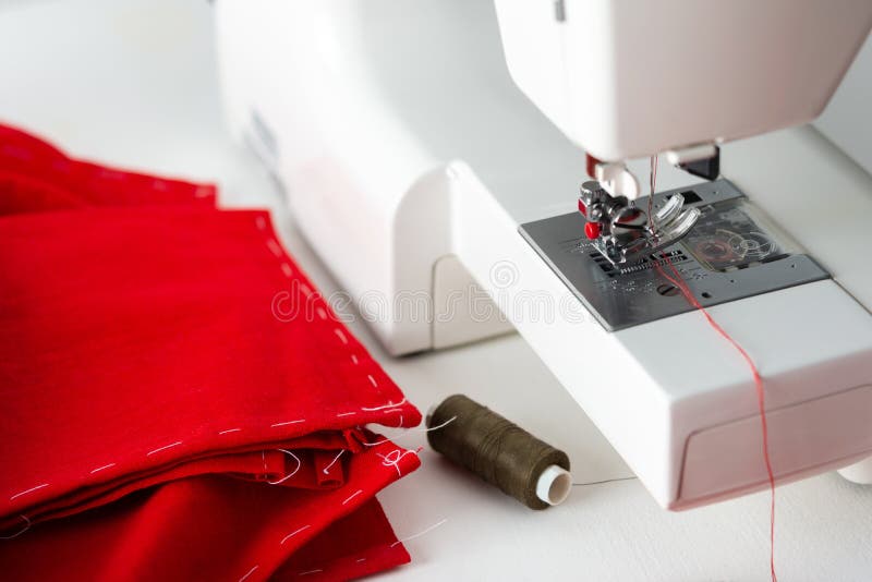 Sewing Machine with Red and Gray Fabric Stock Photo - Image of dress ...