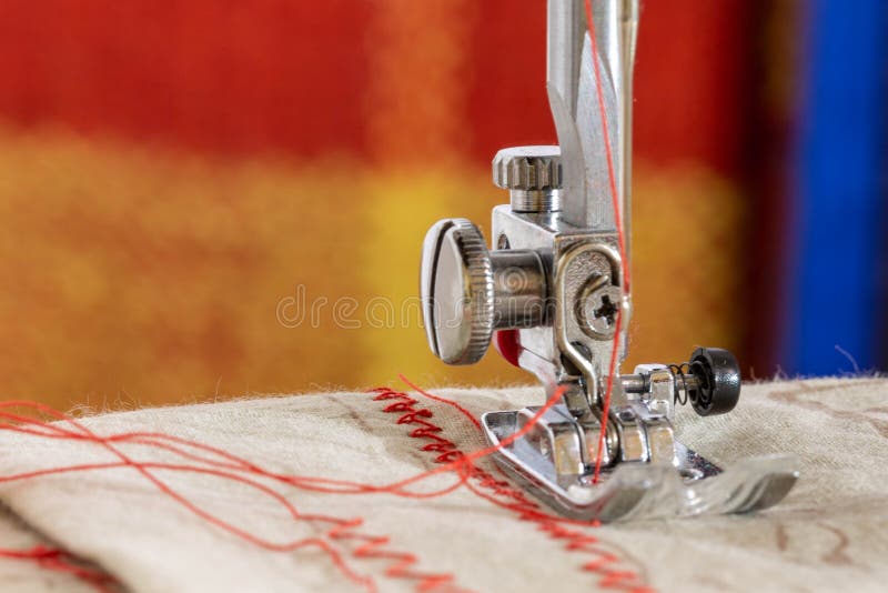 Sewing on Sewing Machine with Red Thread Stock Photo - Image of thread ...