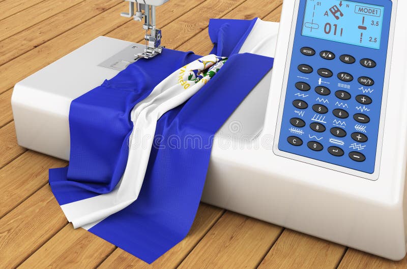 Sewing Machine with Salvadoran Flag on the Wooden Table. 3D Rendering ...