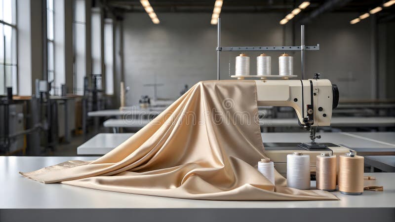 Sewing Machine Set Up in a Modern Textile Studio with Silk Fabric Stock ...