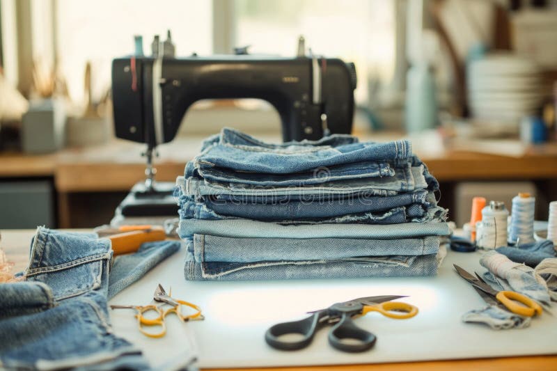 A Sewing Machine Sits Next To a Pile of Jeans, Ideal for Crafting or ...