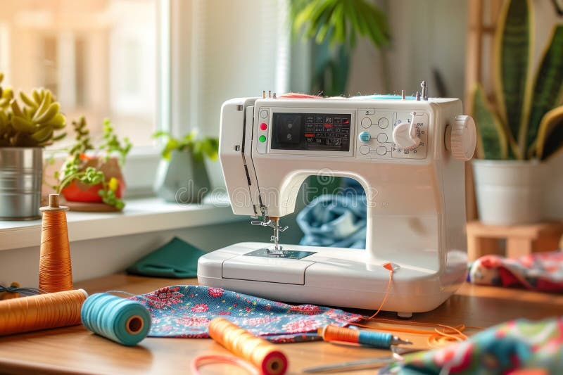 A Sewing Machine Sits on a Table with a Variety of Colorful Threads and ...