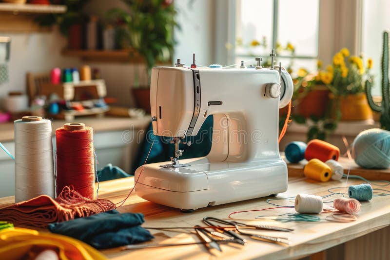 A Sewing Machine Sits on a Table with a Variety of Colorful Threads and ...