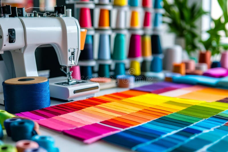 A Sewing Machine Sitting on Top of a Table Covered in Colorful Fabrics ...